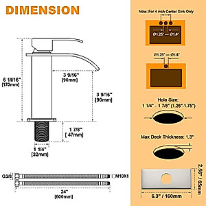 Waterfall Bathroom Faucet - Brushed Nickel Bathroom Sink Faucet, Single Handle Washbasin Faucet, 1 or 3 Hole Deck Mount Mixer Faucet, Stainless Steel Lavatory Tap