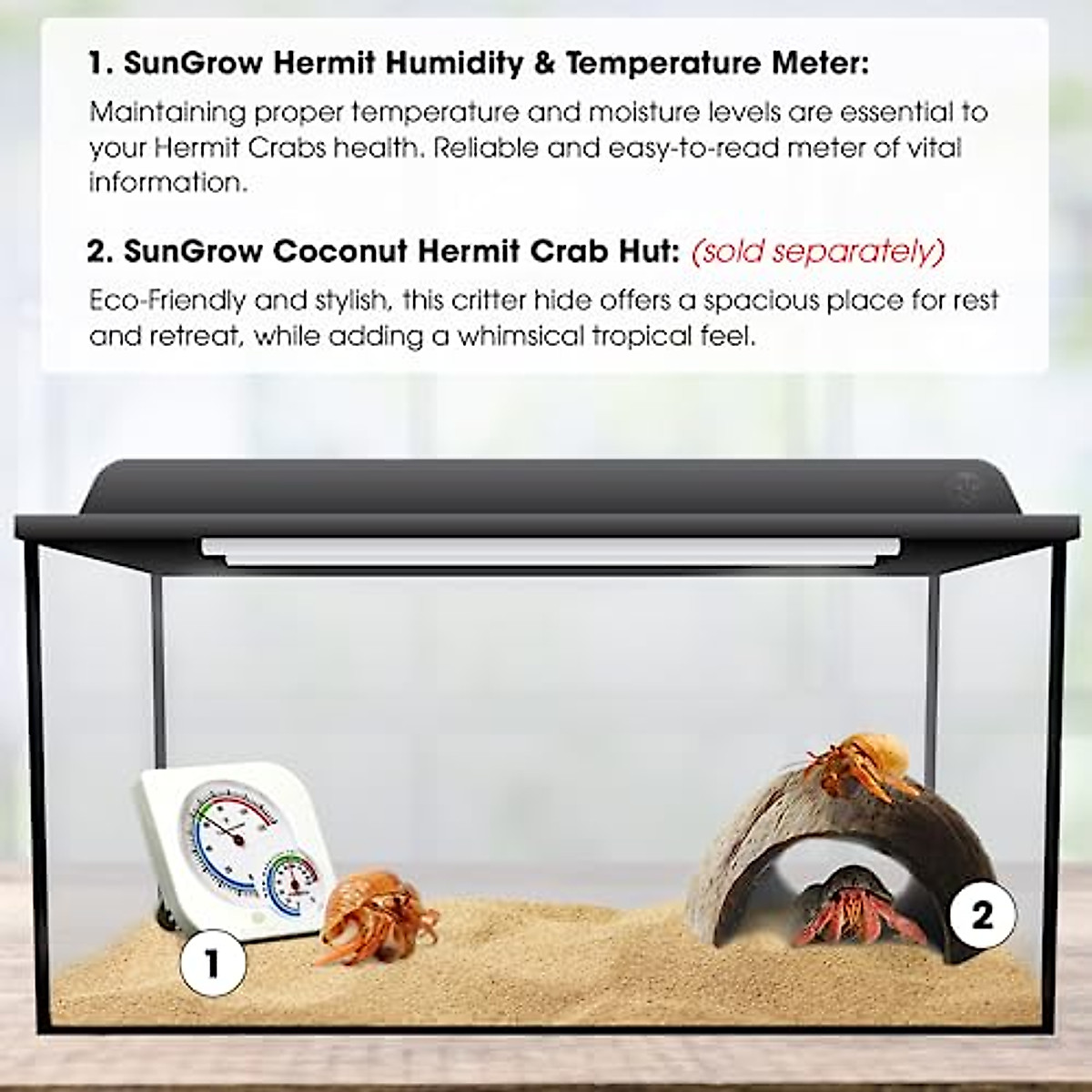 SunGrow Hermit Crab Thermometer & Hygrometer for Terrariums and Reptile, Analog Gauges, Measures in Fahrenheit & Percent, White, 1 Pc per Pack