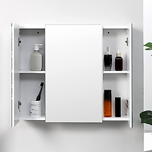 kleankin Bathroom Medicine Cabinet with Mirror, Wall Mounted Bathroom Mirror Cabinet with 3 Doors, Adjustable Shelves and Soft Close Mechanism, White