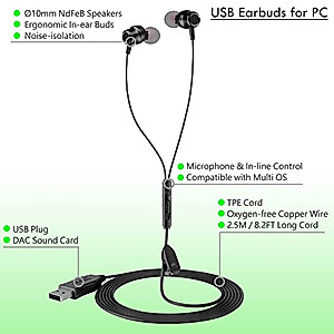 USB Earbuds with 8.2FT Extra Long Cord for Computer, in-Ear USB Headphone Headset with Mic Compatible with Laptop, Desktop PC, Notebook & Chromebook, Noise-isolation & Lightweight, CGS-W7