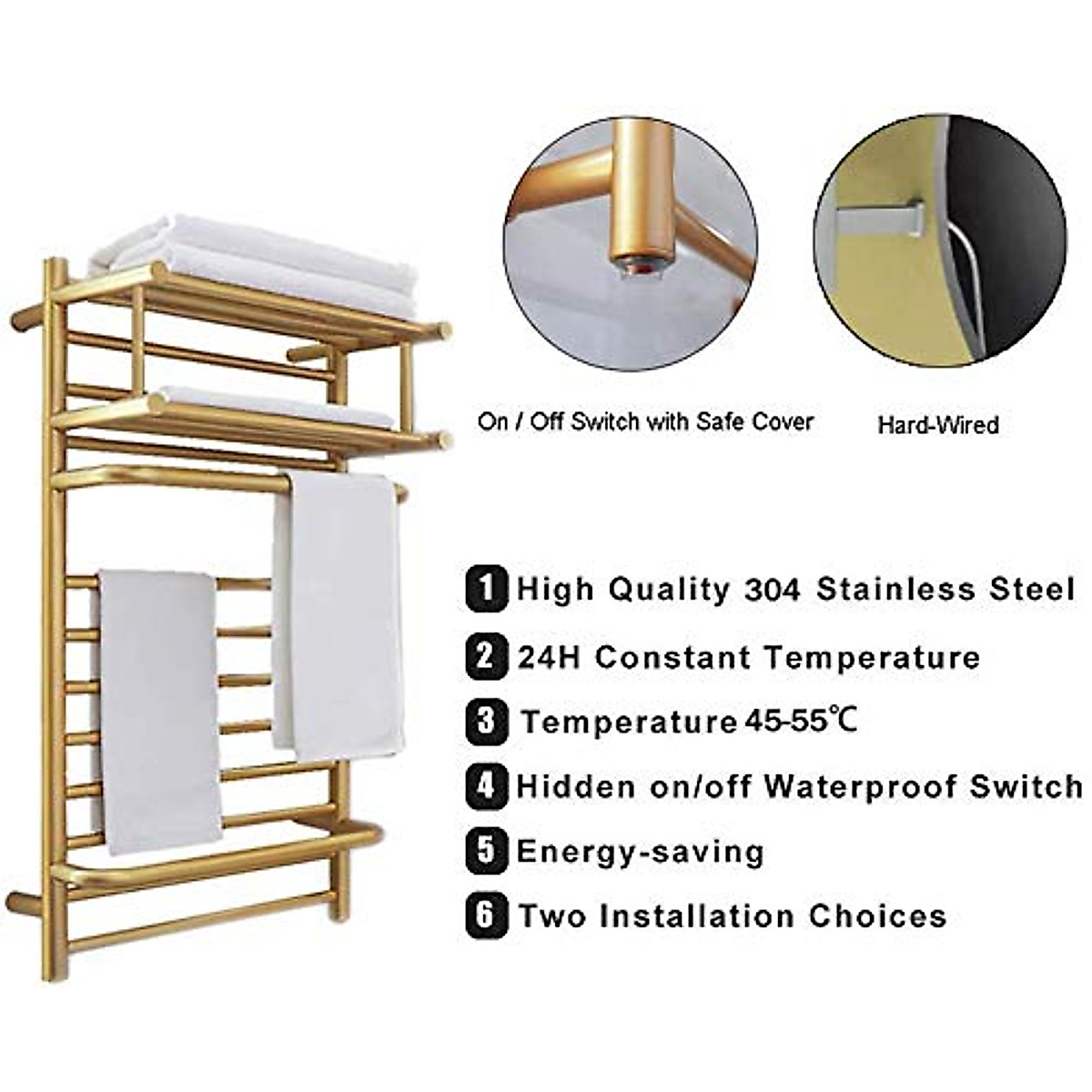 Bathroom Wall Heater Towel Warmers for Bathroom, Wall Mounted Electric Heated Towel Rack, 304 Stainless Steel Towel Dryer Rack Heated Towel Bars, Towel Rail Rack for Bathroom, Gold (Golden Hardwired