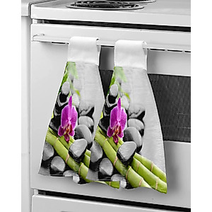 2 PCS Kitchen Hand Towels, Orchid Dew Basalt Stones Floral Aromatherapy Soft Plush Hanging Tie Towels with Loop for Kitchen Bathroom Dish Cloth Tea Bar Towel Close-up Purple Floral