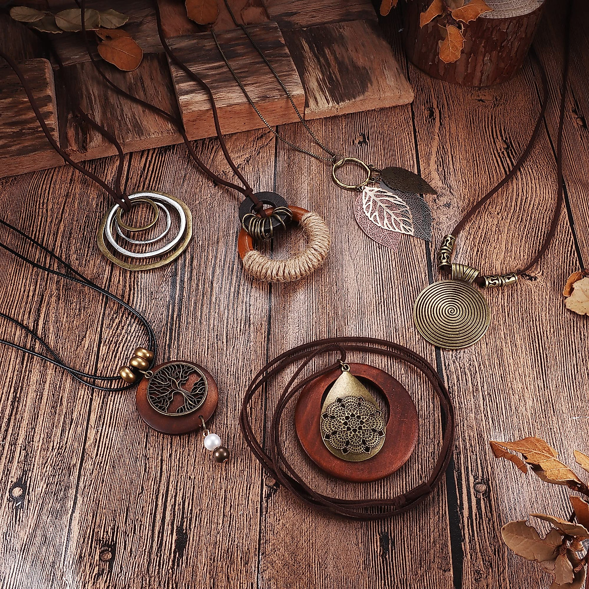 Jstyle 6Pcs Handmade Women Long Necklaces Jewelry Black Sandalwood Vintage Statement Necklace for Women B