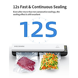 VECONNI Vacuum Sealer Machine, Automatic Vacuum Sealers for Food Storage, 12s Fast & Continuous Sealing, Smart Heating Strip & Pump, 10 Bags Included, 15.5x3.2x2.4 inches, VS20