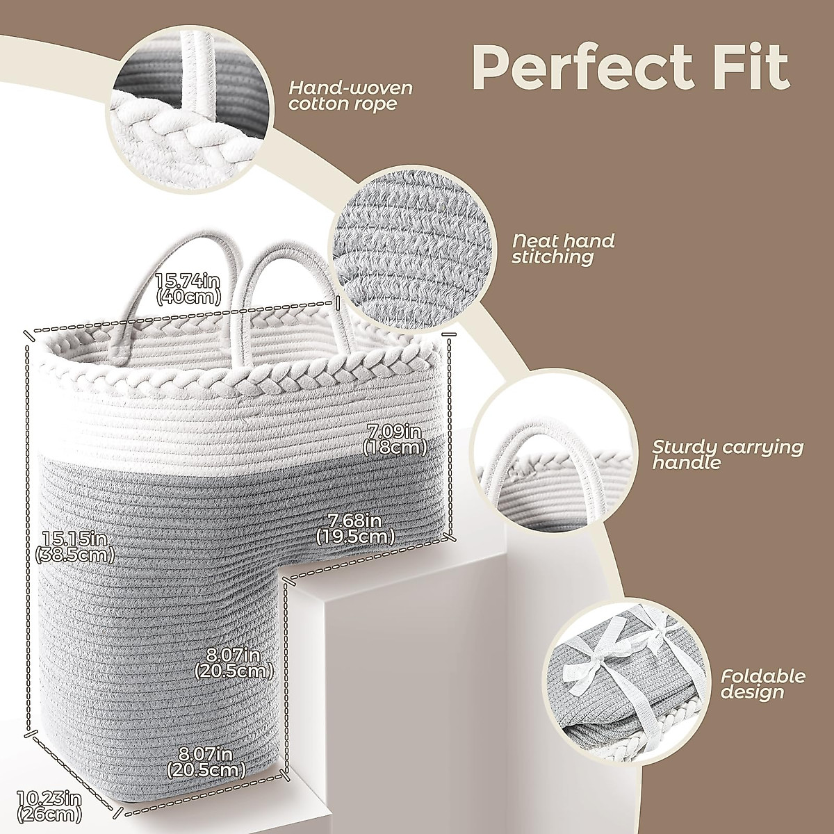 Puricon Stair Basket, Cotton Rope Staircase Basket for Carpeted and Wooden Stairs, Foldable Stair Step Storage Basket Collapsible Stair Organizer with Handle -Greywhite