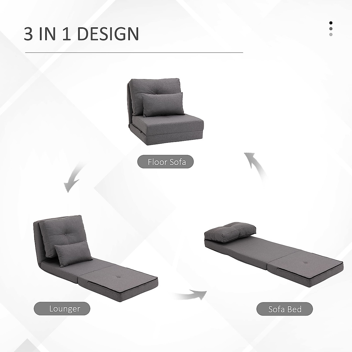 HOMCOM Convertible Flip Chair, Floor Lazy Sofa, Folding Upholstered Couch Bed with Adjustable Backrest, Metal Frame and Pillows for Living Room Bedroom, Dark Grey