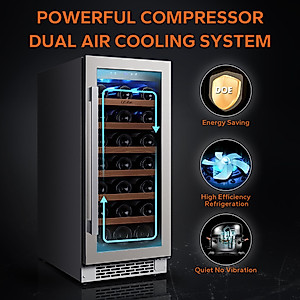 Ca'Lefort Wine Fridge, 15 Inch Wine Cooler Refrigerator with Seamless Stainless Grey Tempered Glass Door, Quiet Compressor Adjust Temp 40-65°F, Under Counter Wine Fridge 3.0 cu.ft - 33 Bottles