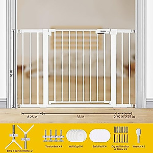 Newnice 29.7"-46" Safety Baby Gate for Stairs, Auto Close Pressure Mounted Easy Walk Thru Dog Pet Gate for The House, Doorways, Extra Wide Child Gates for Kids Toddler, White