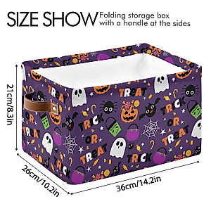 Happy Halloween Purple Storage Basket Fabric Kitchen Baskets Pumpkin Skull Ghost Bat Trick or Treat Open Home Storage Bins Boxes Foldable for Candy Toy Decorations Baskets 16×12×8 Inches