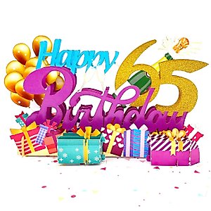 Liif Happy 65Th Birthday 3D Greeting Pop Up Card, Happy Birthday Card For Women, Men, Funny, 65 Years Old, Balloon, Champagne, Celebration - With 65 Gold Glitter & Message Note