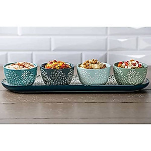 BAUM Mums Ceramic Serve 5-piece Serve Set (1) Tray & (4) Bowls Blue Floral Appetizer Serving Bowls Set, White
