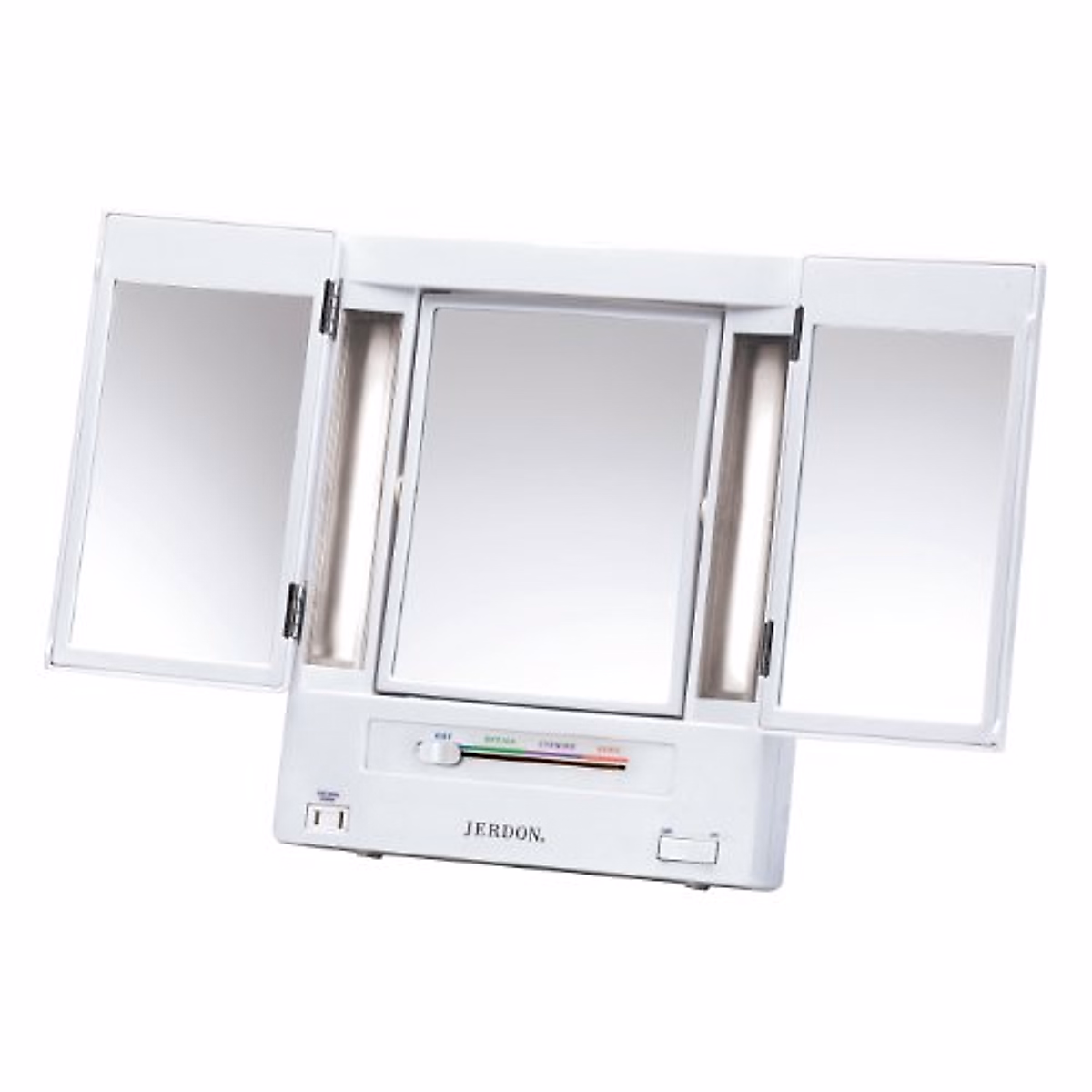 JERDON Tri-Fold Two-Sided Makeup Mirror with Lights - Vanity Mirror with 5X Magnification & Multiple Light Settings - White Base - Model JGL9W