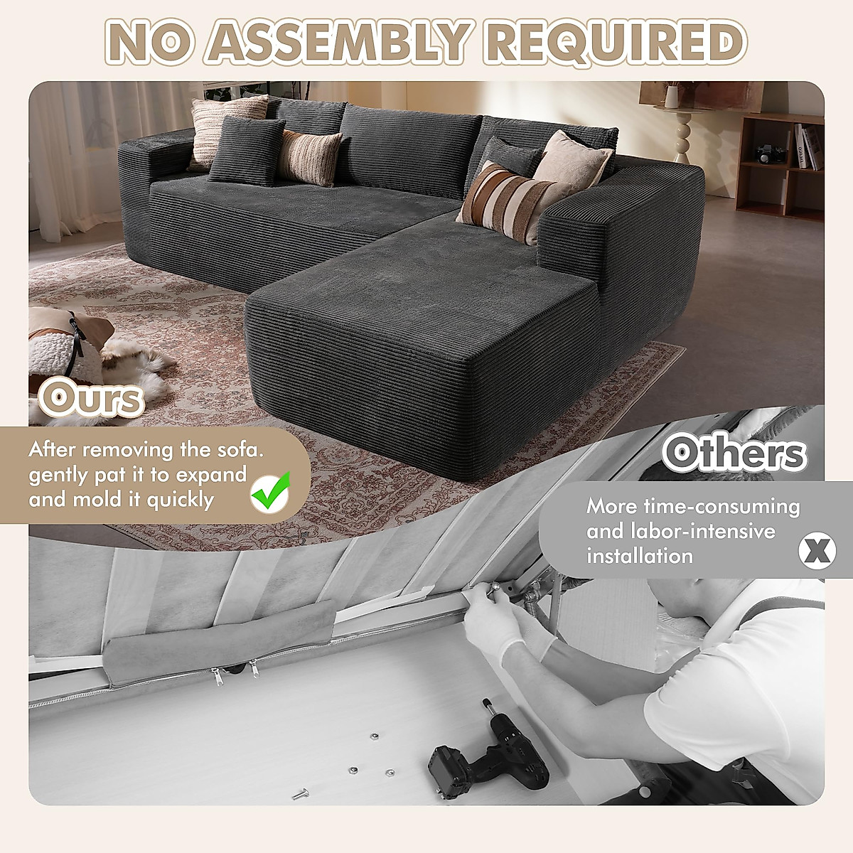 106" Cloud Sectional Couch with Chaise Longue,L Shaped Modular Modern Sofa,Comfy Corduroy Fluffy Couch with Deep Seat,No Assembly Required Couch for Living Room(Right,Stripe Corduroy,Gray)