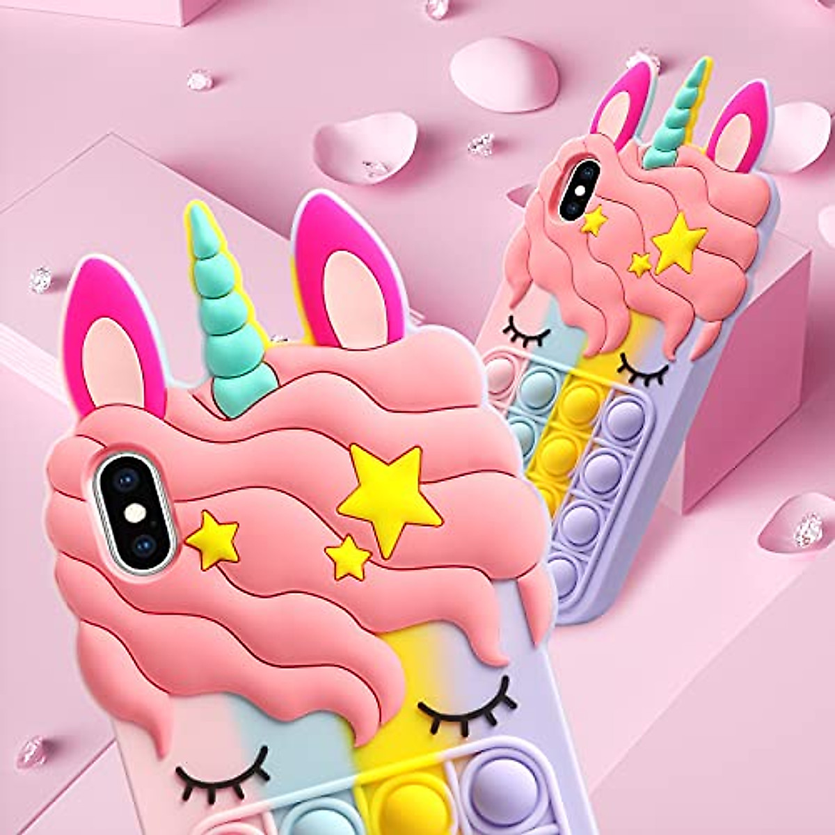 HoneyAKE Fidget Toys Phone Case for iPhone XS iPhone X Case Bubble Bumper Protective Soft Silicone Shockproof Stress Reliever Pop Fun Phone Cover Shell Women Girls Case for iPhone X/XS 5.8Inch,Rainbow