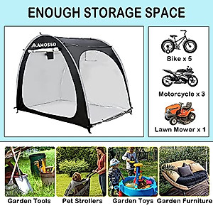 AMOSSO 4 or 5 Bike Shed Tent, Extra Thick 210D Silver Coated Oxford Waterproof & Sunproof, Double Side Opening Portable Storage Sheds Outdoor with Floor for Motorcycle, Bicycle, Garden Tools, Black