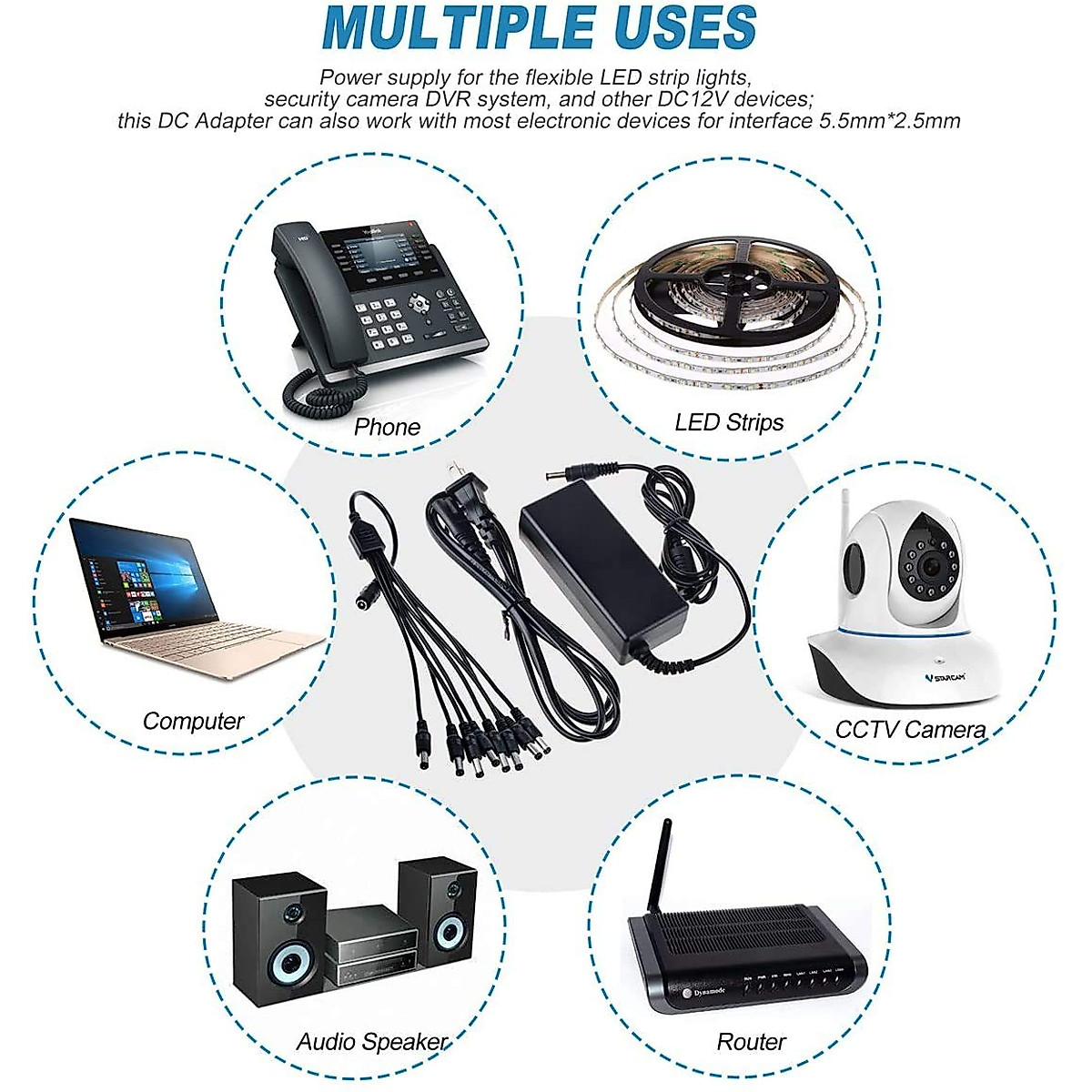 Fancy Buying New 12V 5A 60W DC Power Supply with a 8 Way CCTV Power Splitter Cable for CCTV Cameras,LED Srip Light (1 Piece)