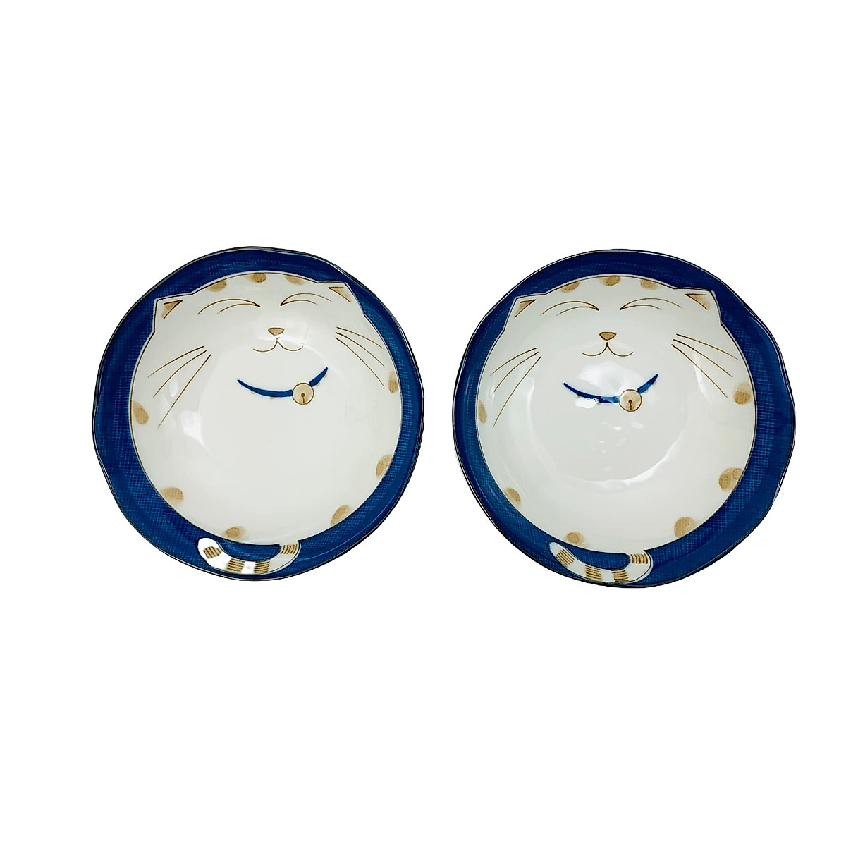 JapanBargain, Japanese Porcelain Shallow Soup Bowl for Dinner Lunch Rice Poke Donburi Udon Ramen Noodle Pasta Cereal Maneki Neko Lucky Cat Pattern for Cat Lovers Made in Japan, Blue (4, 6.75-inch)
