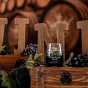 Wine Glasses with Funny Sayings for Women - Humor wine glass for bridesmaid, birthday, bestfriend, mom, mama, aunt, brideal shower prizes - When I Think About Books I Touch My Shelf