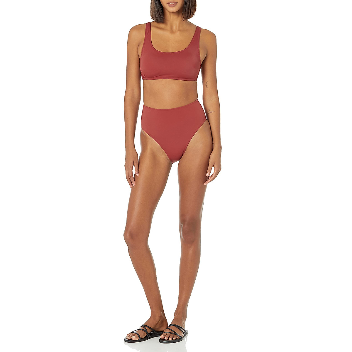 Amazon Essentials Women's High Waist High Leg Bikini Bottom, Brick Red, Medium