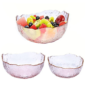 WHJY Pink Colored Glass Salad Bowl Set of 3, Mixing Bowls Decorative Fruit Bowl Serving Bowls for Kitchen,Clear Gold Bowl Wide Rim Pasta Bowl