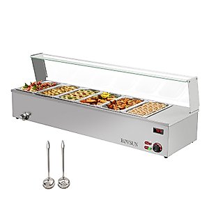 ROVSUN 48QT Electric Commercial Food Warmer, 6-Pan Steam Table 8QT/Pan Stainless Steel Bain Marie Countertop w/Acrylic Shield Temperature Control & Lid for Buffet Party Catering Restaurant 1500W 110V