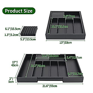 VaeFae Bamboo Silverware Drawer Organizer Kitchen, Expandable Utensil Holder and Cutlery Tray with Divider | 13"-21.6" Flatware Storage and Removable Knife Block (Black)