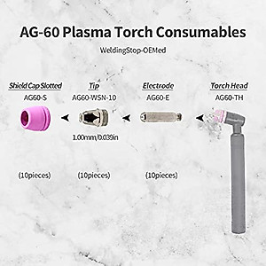 WeldingStop Plasma Consumables Kit for Primeweld CUT50 CUT50DP CT520 CT520DP Plasma Cutter AG-60 Torch (1.0mm .040'' Tip)
