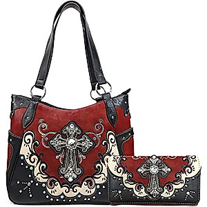 Justin West Mustang Cross Handbag Purse For Girls Women Concealed Carry (Red Tote Wallet Set)