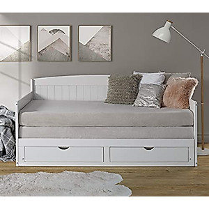 Alaterre Furniture Harmony Wood Daybed, Single, White Brazilian Pine Trundle Bed for Sleepovers with Kids, 2 Pull-Out Drawers, 220lbs Weight Capacity, Twin-Size Bed, Modern, Sturdy, Durable