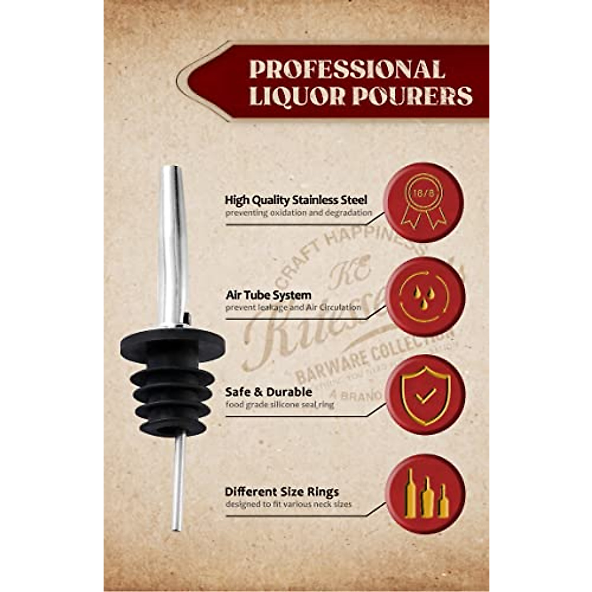 KITESSENSU 14 Pack Liquor Pourers, Stainless Steel Liquor Bottle Pourers for Alcohol, Bar Accessories Pour Spouts with Rubber Dust Caps