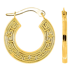 14K Yellow Gold Round Greek Key Hoop Earrings, Diameter 15mm