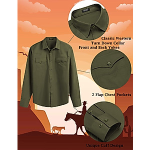 COOFANDY Men's Western Snap Shirts Loose Fit Casual Long Sleeve Embroidered Cowboy Shirts Army Green