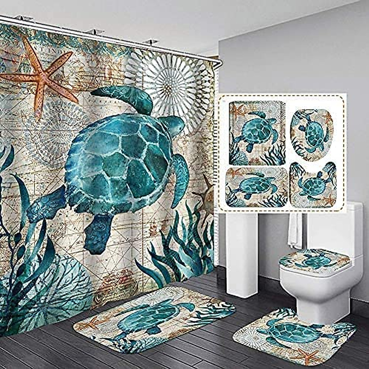 YRIGSUN Sea Turtle Nautical Shower Curtain Sets with Non-Slip Rugs Toilet Lid Cover and Bath Mat Beach Ocean Decor Coastal Shower Curtains with 12 Hooks Fabric Bath Curtain