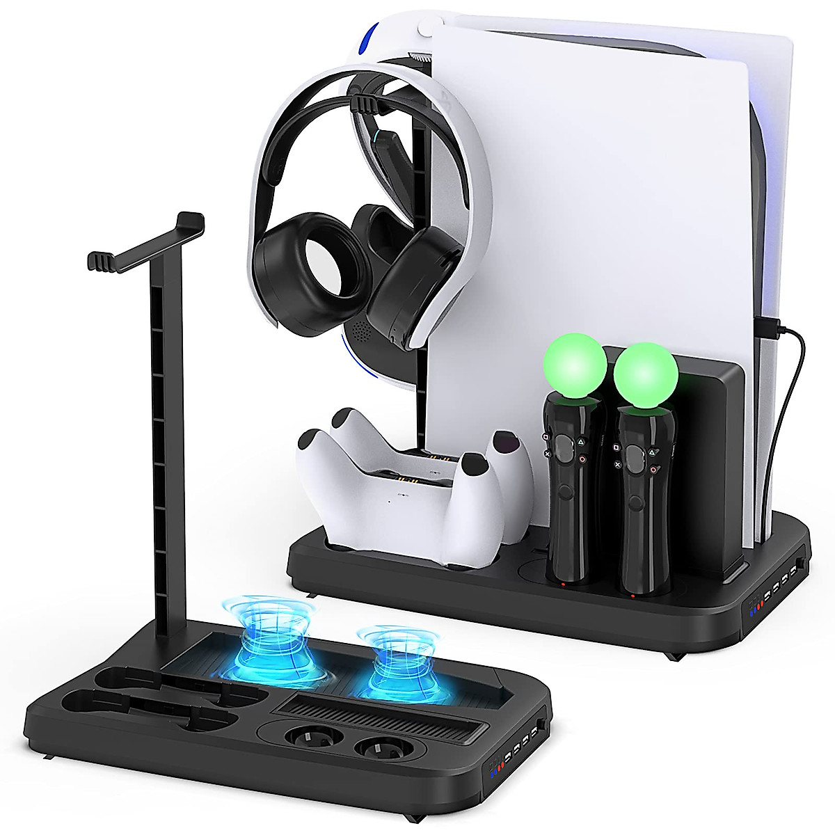 Charging Display Stand Compatible with PS5 VR, Vertical Stand with Cooling Fan Compatible with PS5 DE/UHD Storage Bracket Charger Station Compatible with PS5/PS5 VR Move Controller with 4 USB Hub