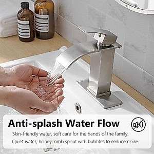 BATHLAVISH Bathroom Sink Faucet Waterfall Brushed Nickel Single Hole Modern with Pop Up Drain with Overflow Vanity Lavatory Single Handle Brush Mixer Tap Deck Mounted