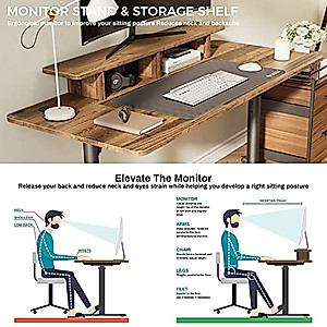 EUREKA ERGONOMIC 60 Inch Computer Desk Large Manual Height Adjustable Gaming Desk, Home Office Desk with Monitor Stand Shelf Led Lights Strips, Computer Desk with Dual 2 Monitor Mouse Pad, Brown