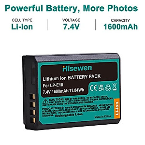 LP-E10 LPE10 Battery 2Pack 1600mAh, Hisewen Dual Charger with Type-C Port for Canon EOS Rebel T7 T6 T5 T3 T100 Kiss X90 X80 X70 X50 1100D 1200D 1300D 1500D 2000D 3000D 4000D Digital Camera