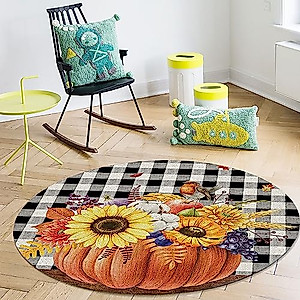 Pumpkin Plaid Large Area Rugs Carpet 3 Feet for Bedroom Living Room,Accent Throw Kitchen Hallway Bathroom Runner Rug Low Pile Entryway Door Mat Floor Doormat,Thanksgiving Fall Farmhouse Bird Sunflower
