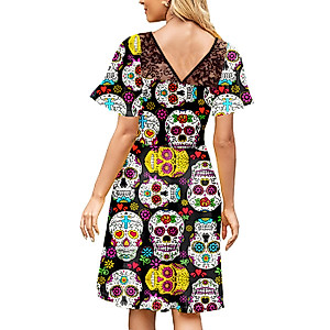 Women's Halloween Dress Day of The Dead Swing Dresses Retro Lace Rockabilly Fit Flare Dress XL