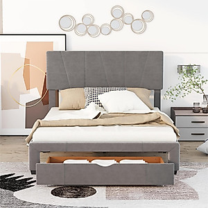 DHPM Queen Size Upholstered Platform Bed with 1 Large Drawer, Wood Bed Frame with Wing Back Headboard, Solid Wood Slats Supported, No Box Spring Needed