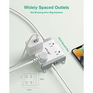 Alitayee Mountable Surge Protector Power Strip, Wall Mount Power Strip with 4 Outlets and 3 USB, Flat Plug, Shutter Safety and Circuit Breaker Switch, 6 Ft Extension Cord for College Home Office Dorm