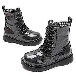 kkdom Boys Girls Waterproof Lace Up Side Zipper Mid Calf Combat Boots(Toddler/Little Kid/Big Kid) Glitter Black US Size 2 M Little Kid
