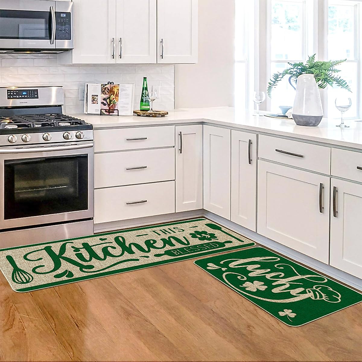 Artoid Mode This Kitchen is Blessed Luck Clover Shamrock Decorative Kitchen Mats Set of 2, Home Party Home Kitchen Rugs - 17x29 and 17x47 Inch