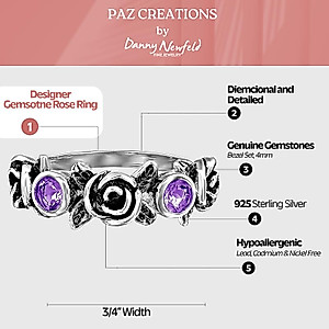Paz Creations Ring For Women - 925 Sterling Silver Vintage Rings For Woman - Handcrafted Rose Flower Design With Gemstones - Jewelry with One Year Warranty - Amethyst Size 8