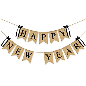 Cmaone Happy New Year Banner New Years Eve Garland Rustic Vintage Burlap 2021 Party Supplies No DIY Required Bunting Flag for New Year Party, New Year Hanging Decorations