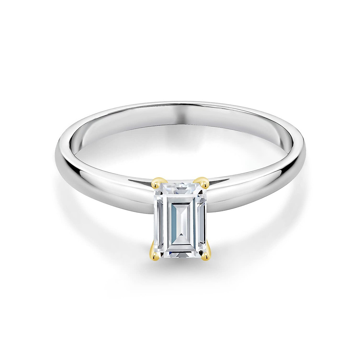 925 Sterling Silver and 10K Yellow Gold Forever Classic Moissanite from Charles & Colvard Women Solitaire Ring (0.58 Cttw, Emerald Cut 6X4MM, Available in size 5, 6, 7, 8, 9)