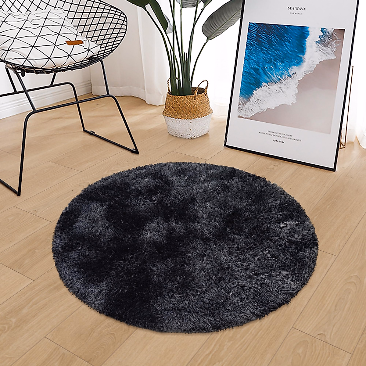 ATRUG Tie-Dyed Black Round Rug for Bedroom Soft Circle Rug Modern Small Round Rug for Kids Girls Boys Teen Room Fluffy Plush Shaggy Circle Carpet for Baby Nursery Living Room Playroom Home Decor 2X2ft