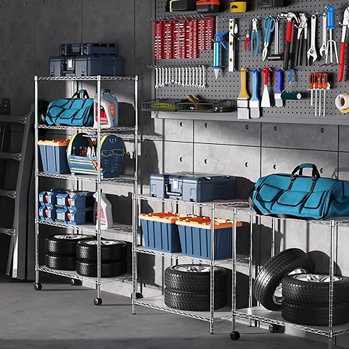 5 Tier NSF Wire Shelf Shelving Unit, 14 x 30 x 60 Inch 750lbs Capacity Adjustable Storage Metal Rack with Wheels/Leveling Feet & Shelf Liners, Ideal for Kitchen, Office Home and More - Chrome Set of 2