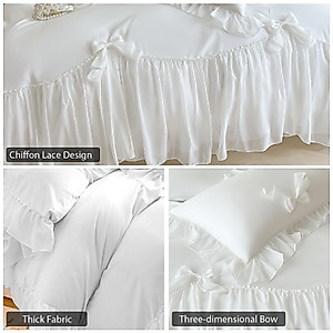 Rvciby White Bow Duvet Cover Queen Size,3PCS Soft Microfiber Bedding Set,Romantic French Bedding with Chiffon Lace and Cute Bows,Corner Ties&Zipper Closure (90"x90"-1 Duvet Cover,2 Pillow Cases)