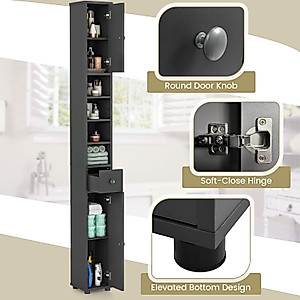 Tangkula Tall Slim Bathroom Storage Cabinet, 71" Freestanding Bathroom Cabinet w/ 2 Doors, 1 Drawer & 5 Adjustable Shelves, Floor Narrow Tower Cabinet for Small Spaces, 8" x 8" x 71" (Grey)